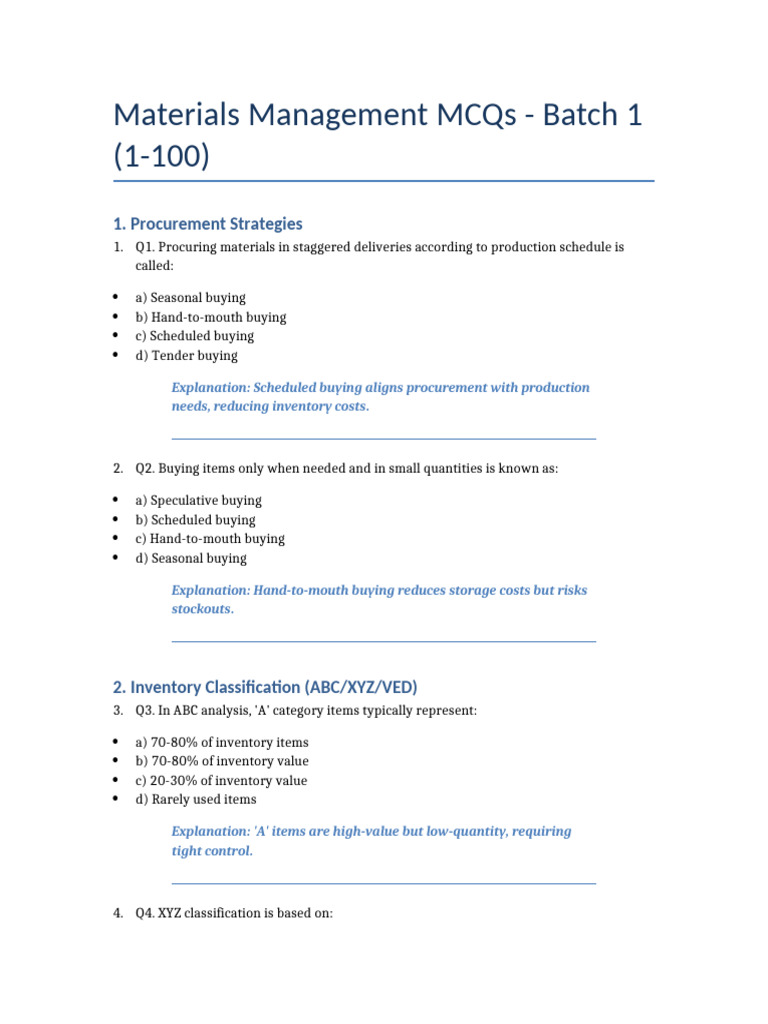 MCQs on Materials Management | PDF | Inventory | Supply Chain Management
