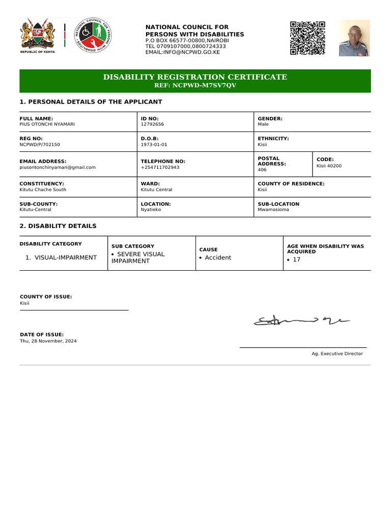 NCPWD M7SV7QV Disability Registration Certificate | PDF