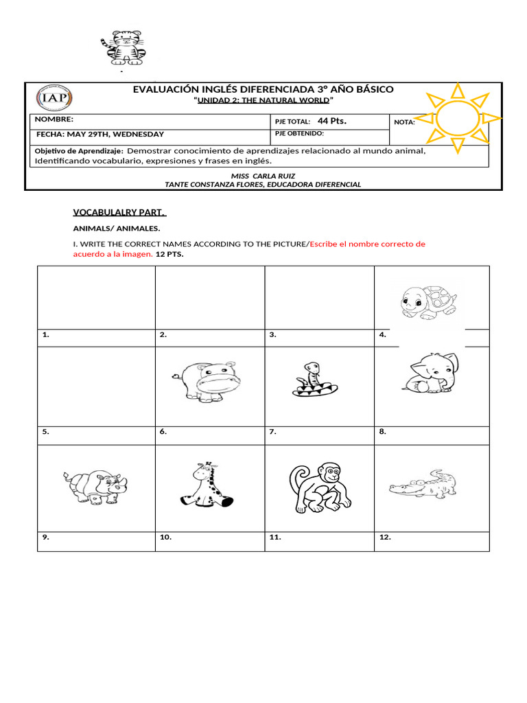 Animals in English: 3rd Grade Evaluation | PDF | Zoology