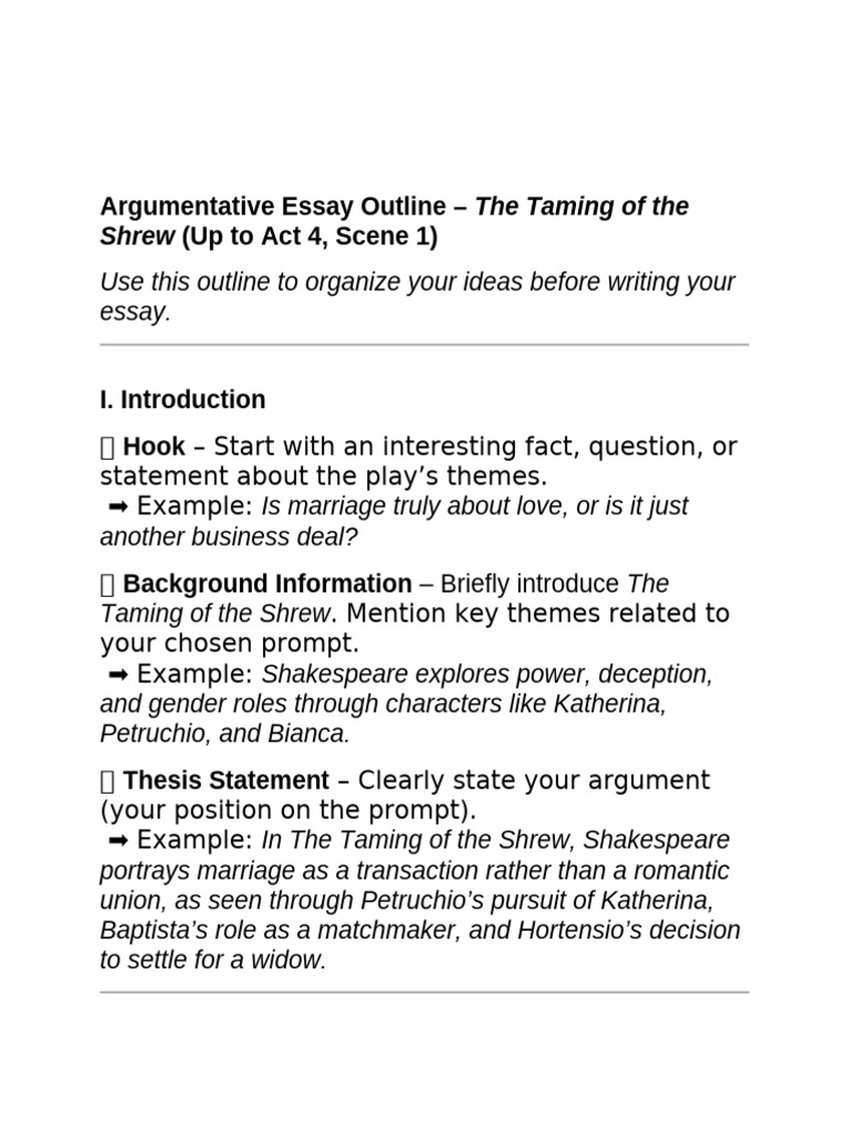 Argumentative Essay Outline - The Taming of The Shrew (Up To Act 4 ...