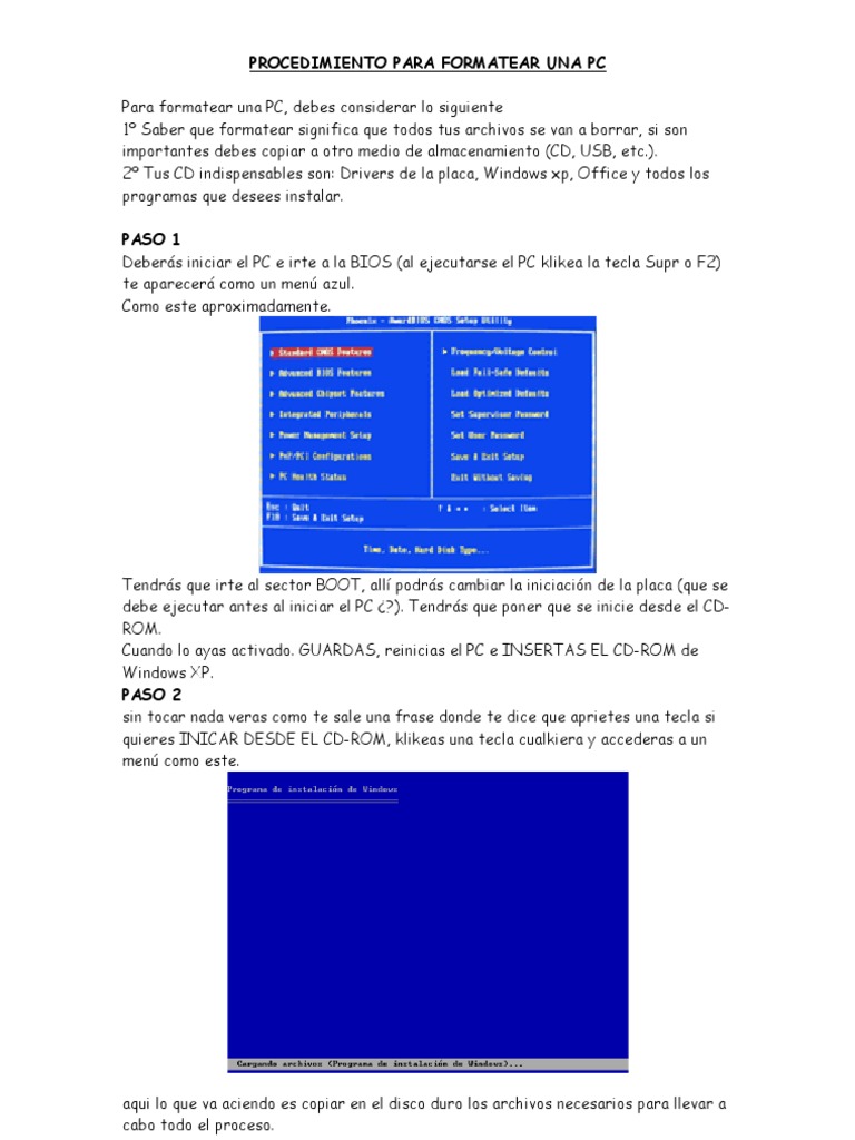 Procedimiento para Formatear Una PC | PDF | Microsoft Windows | Windows XP