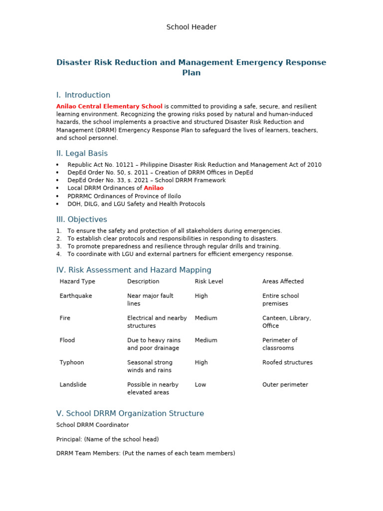 Template of DRRM Emergency Response Plan | PDF | Emergency Evacuation ...