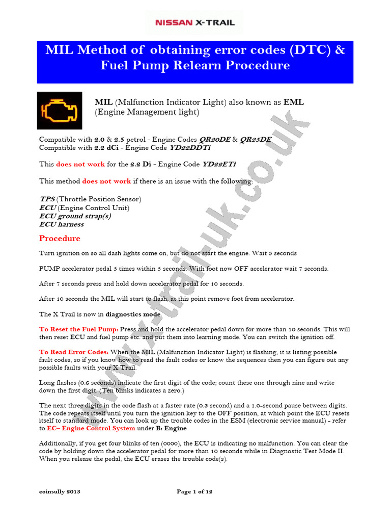 MIL Error Codes & Fuel Pump Relearn Procedure | PDF | Fuel Injection ...