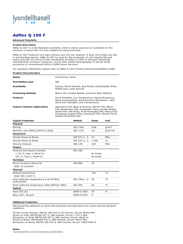 LyondellBasell Adflex Q100F | PDF | Yield (Engineering) | Food And Drug ...