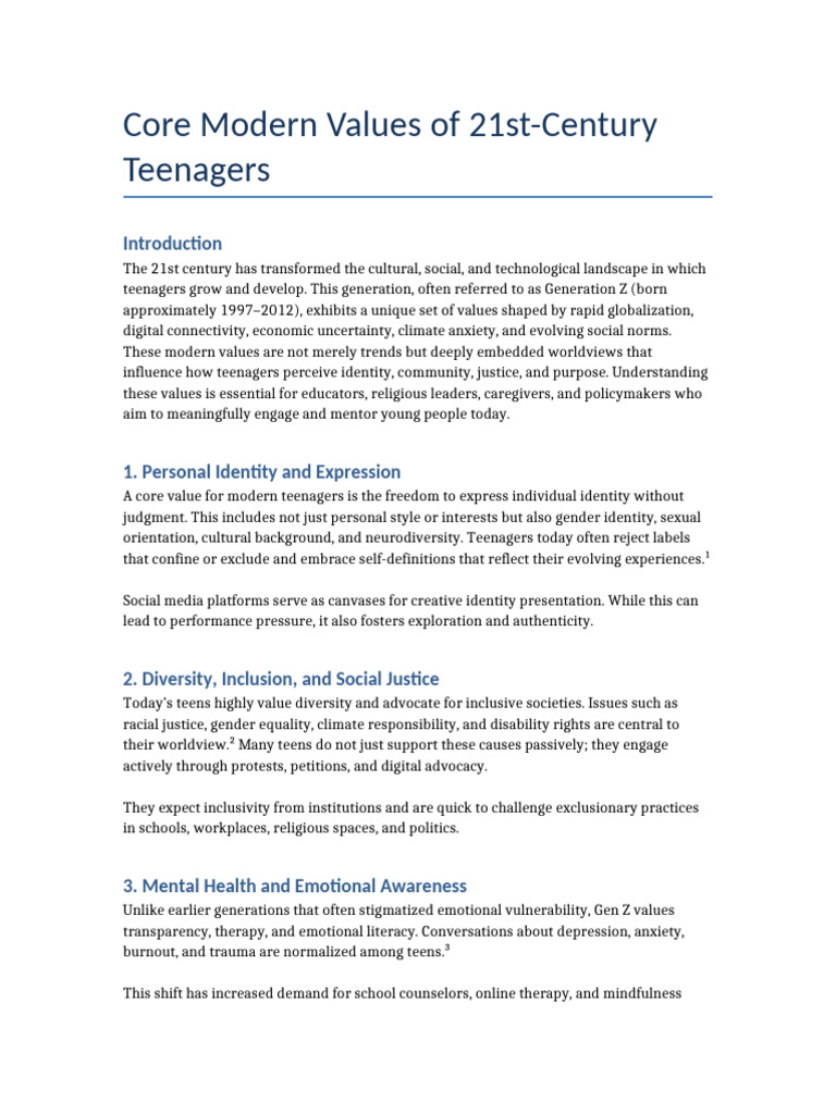 Core Modern Values of 21st Century Teenagers Detailed | PDF ...