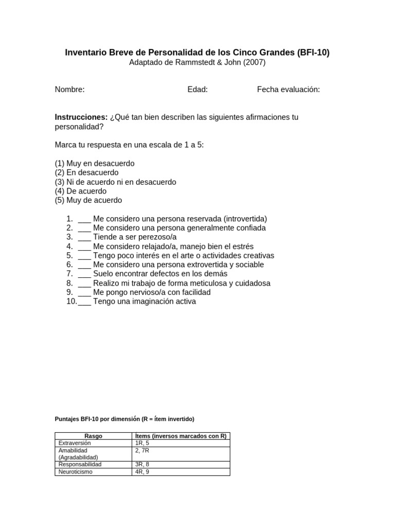 Inventario BFI-10 de Personalidad | PDF