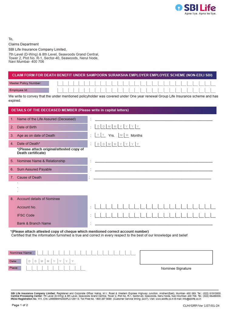18.+sampoorna Surkasha Claim Form Employer Employee Scheme Non EDLI SBI ...