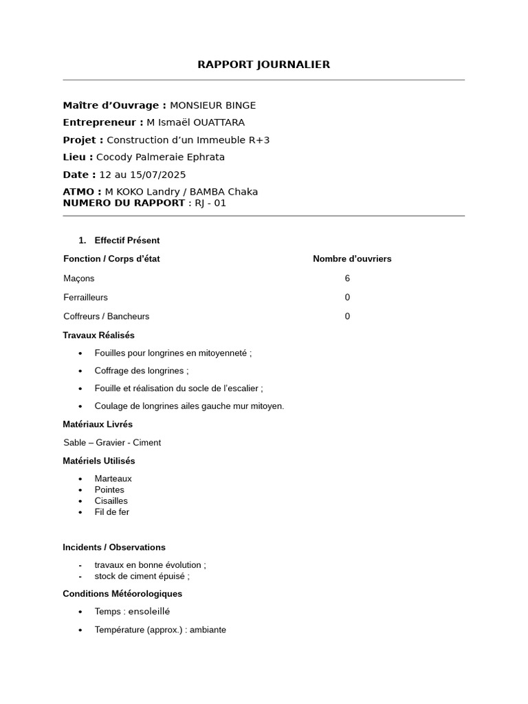 Rapport Journalier de Construction R+3 | PDF