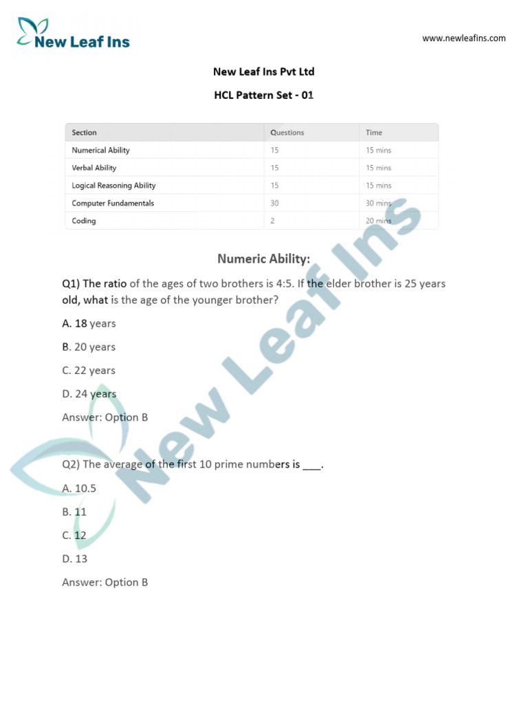 HCL Exam Pattern and Sample Questions | PDF | Central Processing Unit ...