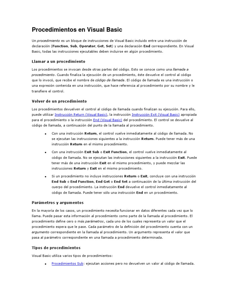 Procedimientos en Visual Basic | PDF | Básico | Objeto (informática)