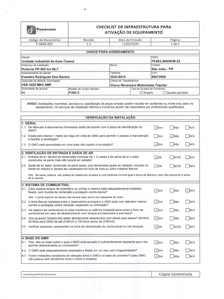 F-GMG-002 CHECKLIST DE INFRAESTRUTURA PARA ATIVAÇÃO DE GERADORES Rev1.3 ...