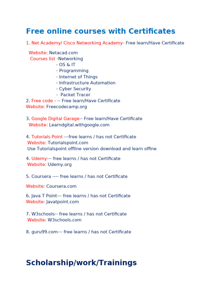 Free Online Courses With Certificates Lists | PDF