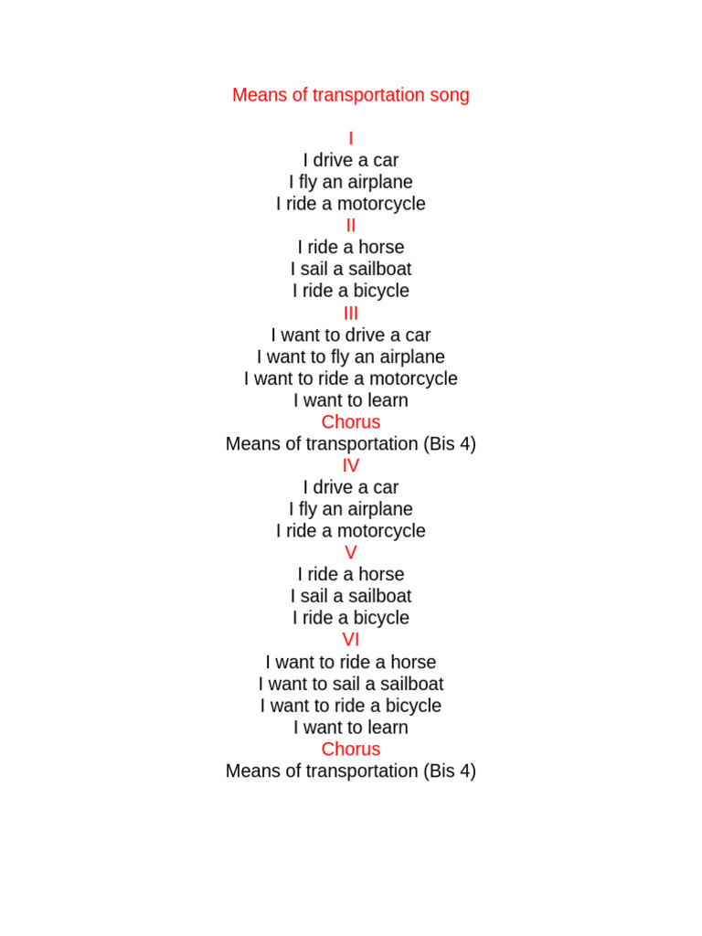 Means of Transportation Song | PDF