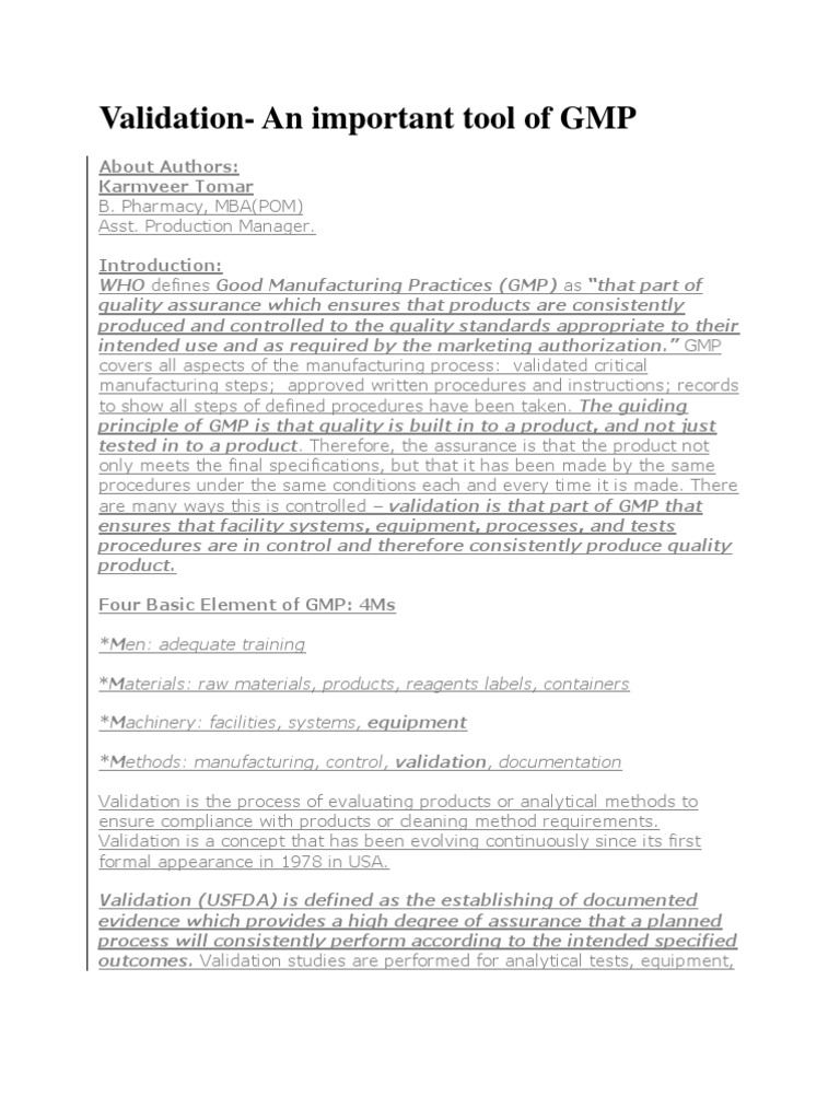 Validation-An Important Tool of GMP: About Authors: Karmveer Tomar | Download Free PDF ...