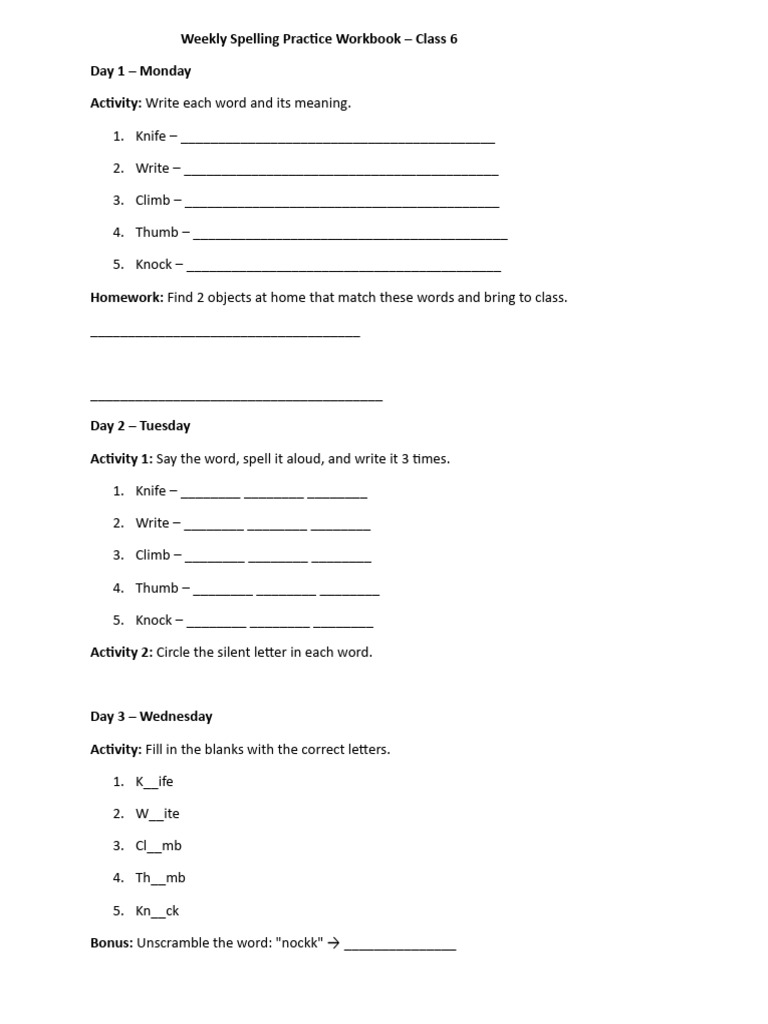 Weekly Spelling Practice for Class 6 | PDF