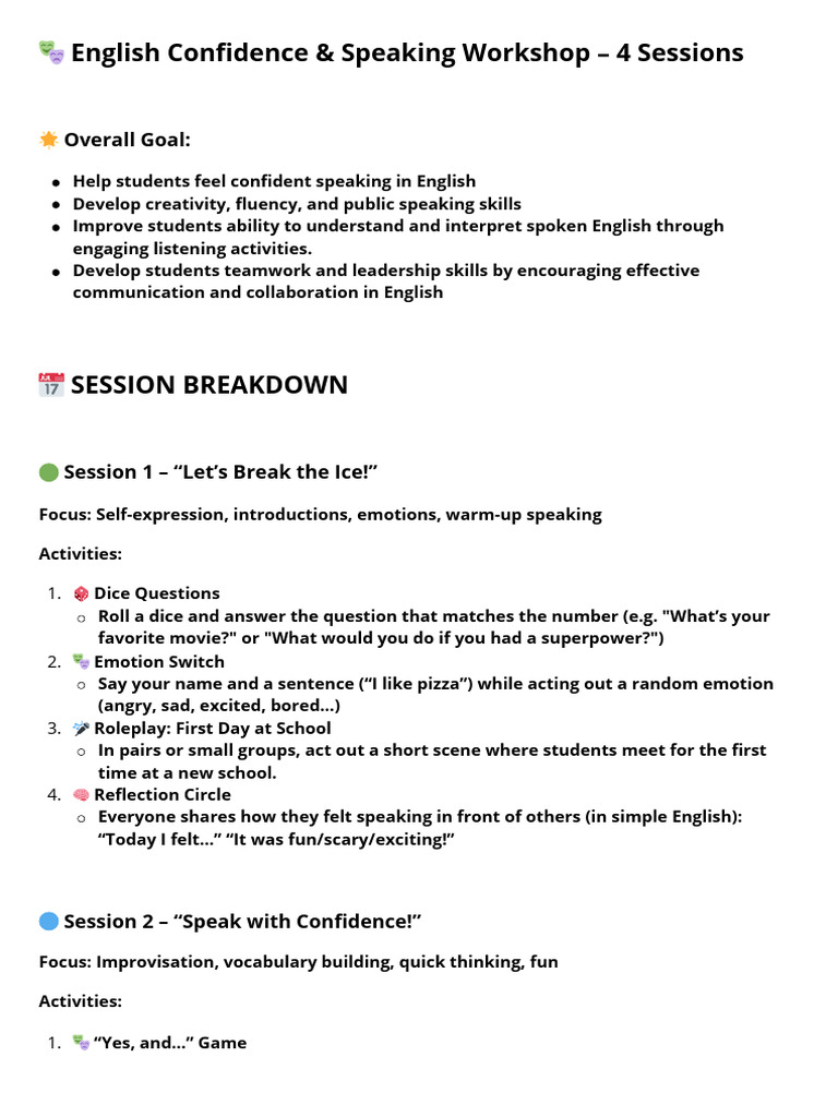 ? English Confidence & Speaking Workshop - 4 Sessions | PDF | English ...