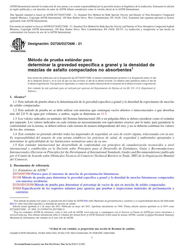 ASTM D2726-D2726M-21 Determina La Gravedad Especifica A Granel y La ...
