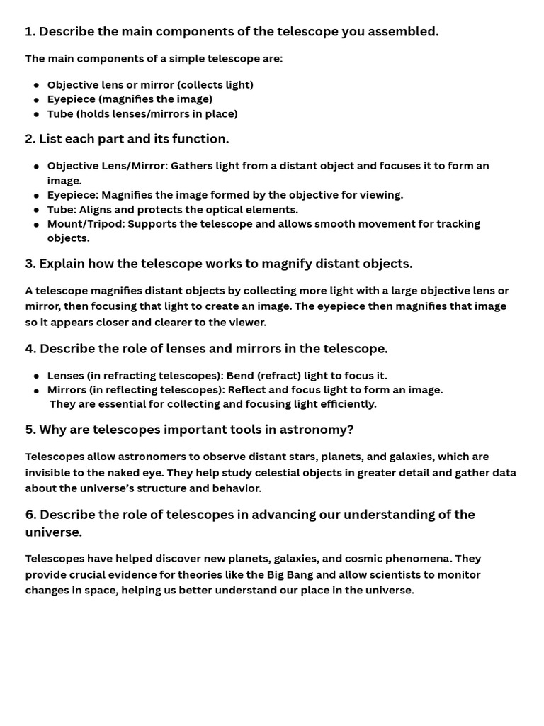 Describe The Main Components of The Telescope You Assembled. | PDF