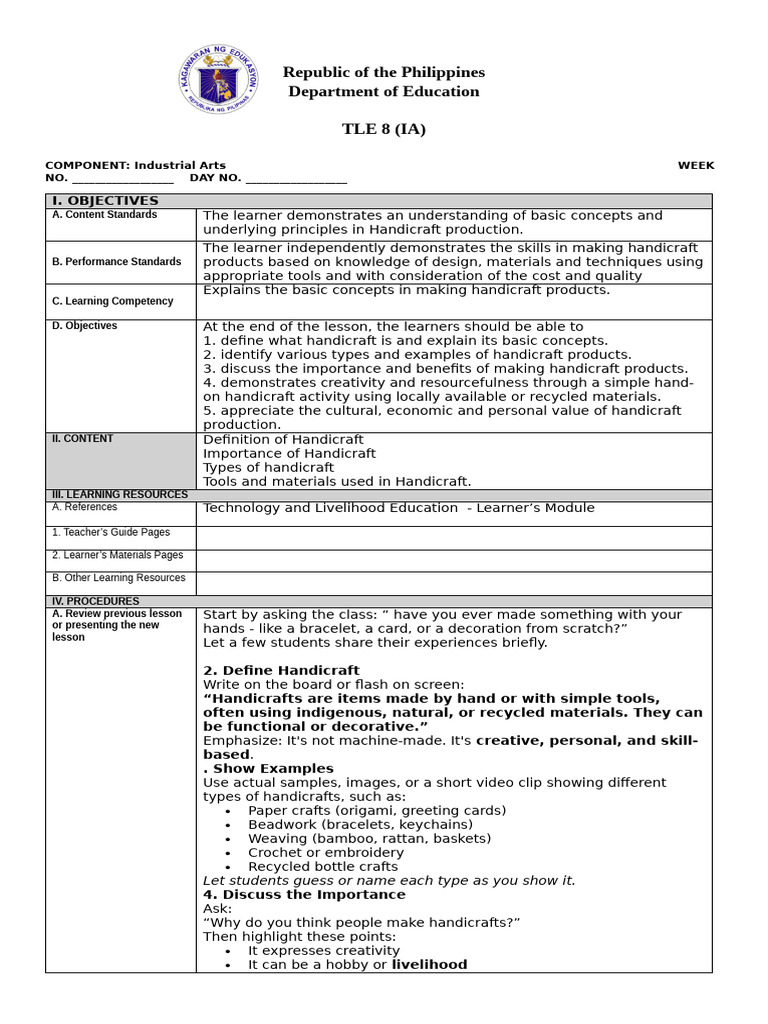 Handicraft Lesson Plan Overview | PDF | Learning | Beadwork