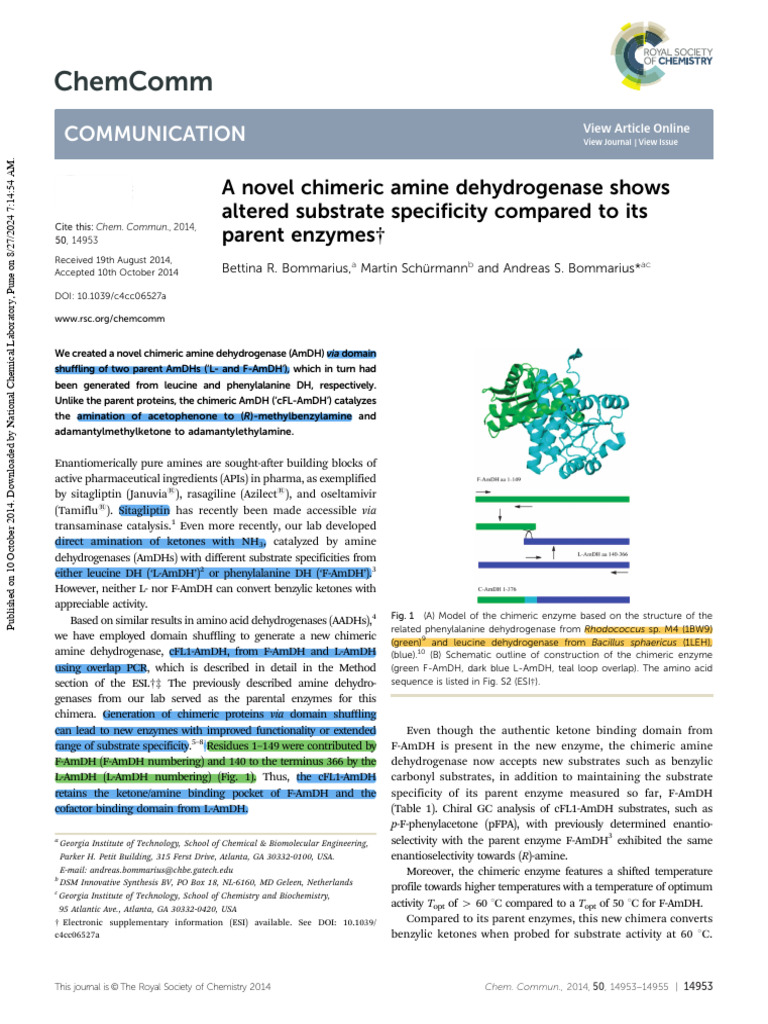 A Novel Chimeric Amine Dehydrogenase Shows Altered Substrate ...