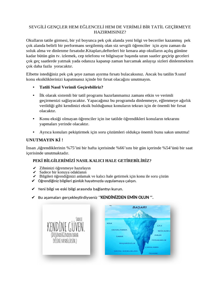 9.siniflar Olarak Tati̇lde Neler Yapmaliyiz | PDF