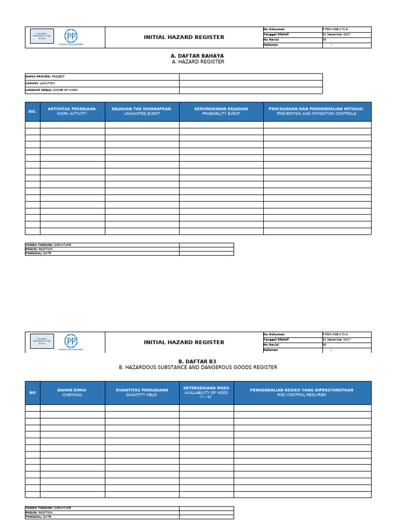 Form Initial Hazard Register | PDF | Hazards | Working Conditions