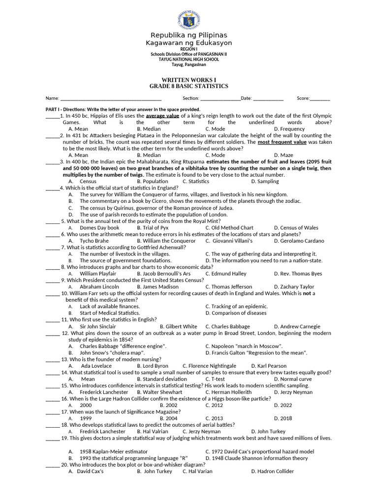 Written Works 1 Basic Statistics | PDF | Sampling (Statistics) | Stratified Sampling