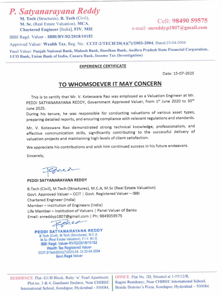 Experience Certificate Koteshwar Rao | PDF