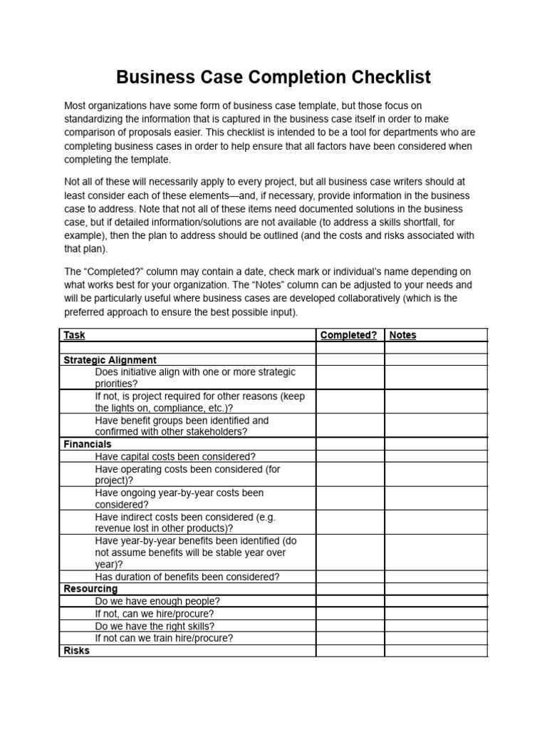 Business Case Completion Checklist | PDF | Business