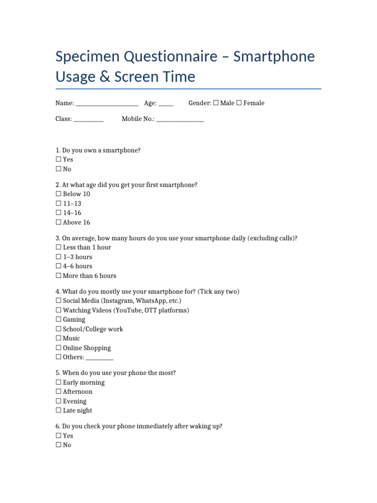 Smartphone Usage Questionnaire | PDF