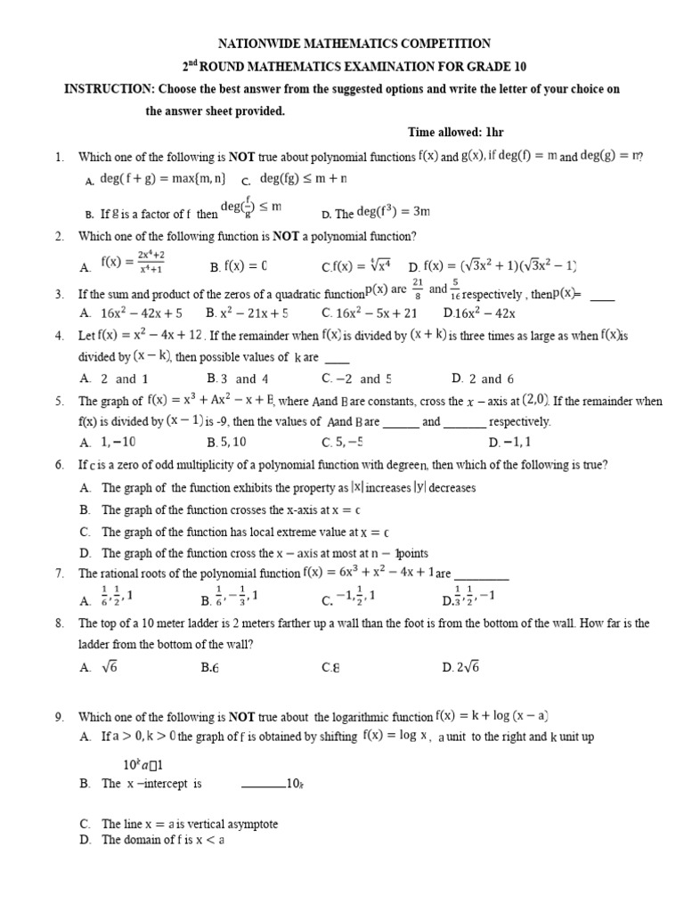 Grade 10 Mathematics Practicing Questions | PDF | Polynomial | Function ...