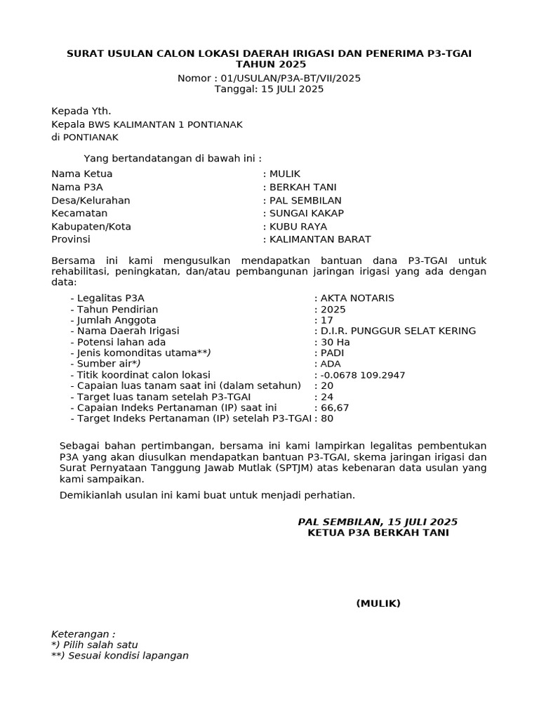 Usulan & SPTJM - P3a Berkah Tani - Desa Pal Sembilan | PDF