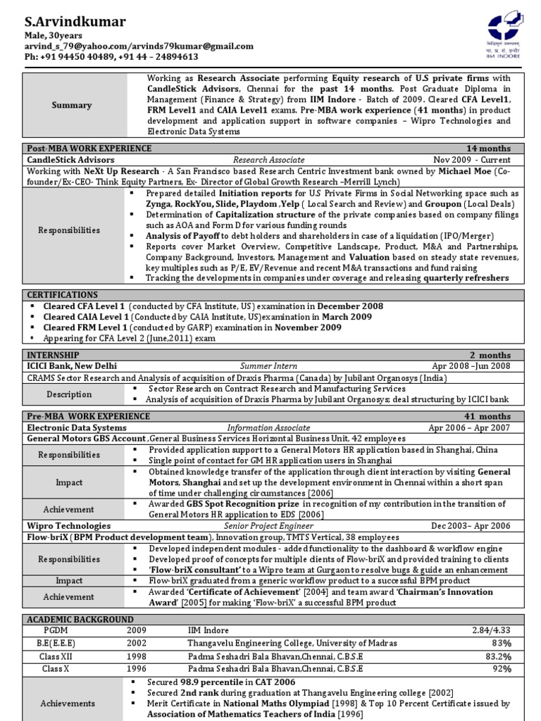 Resume S.arvindkumar 2009 IIM Indore | PDF | Mergers And Acquisitions ...
