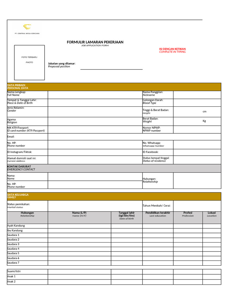 Form Data Diri Application Form Nama Lengkap Anda Pdf