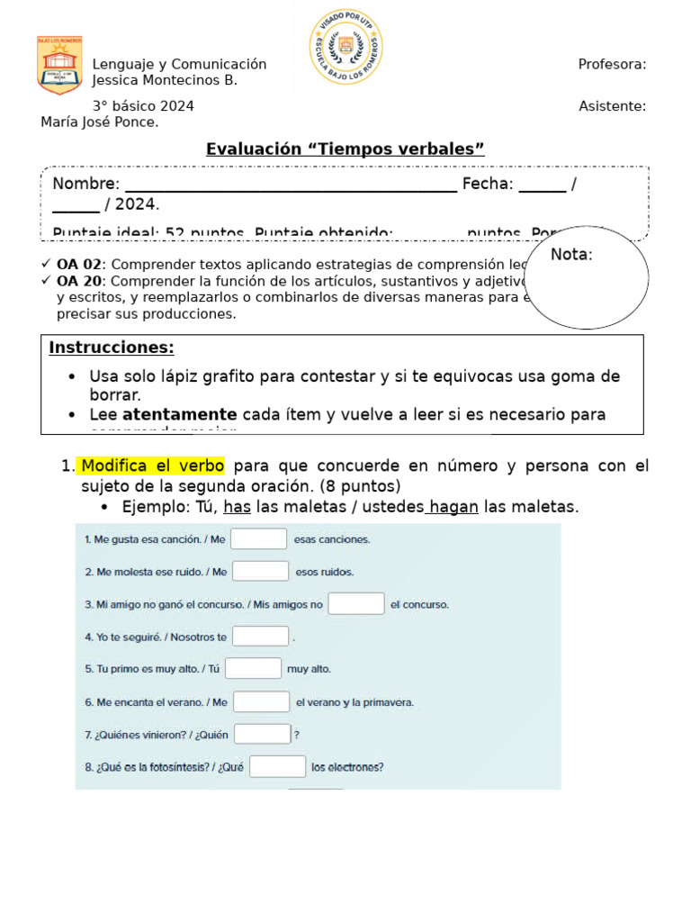 Evaluación de Tiempos Verbales | PDF