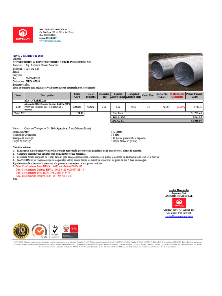 Cotización Nro. 07533 - Sarch Ingenieros SRL - Navecon | PDF ...