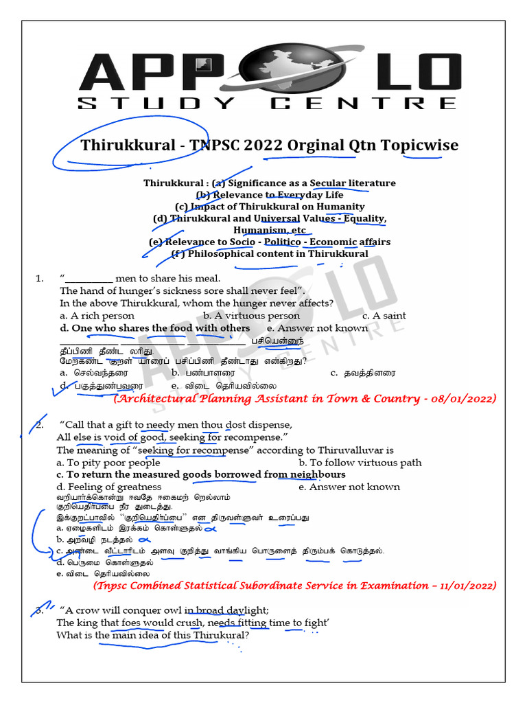 Thirukkural - TNPSC 2022 Orginal QTN Topicwise - PDF - 6652ca21b5f0c | PDF