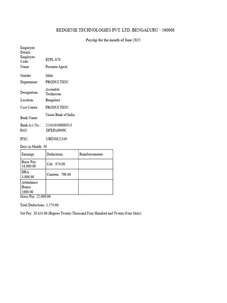 June 2025 Payslip for Prasanta Agasti | PDF