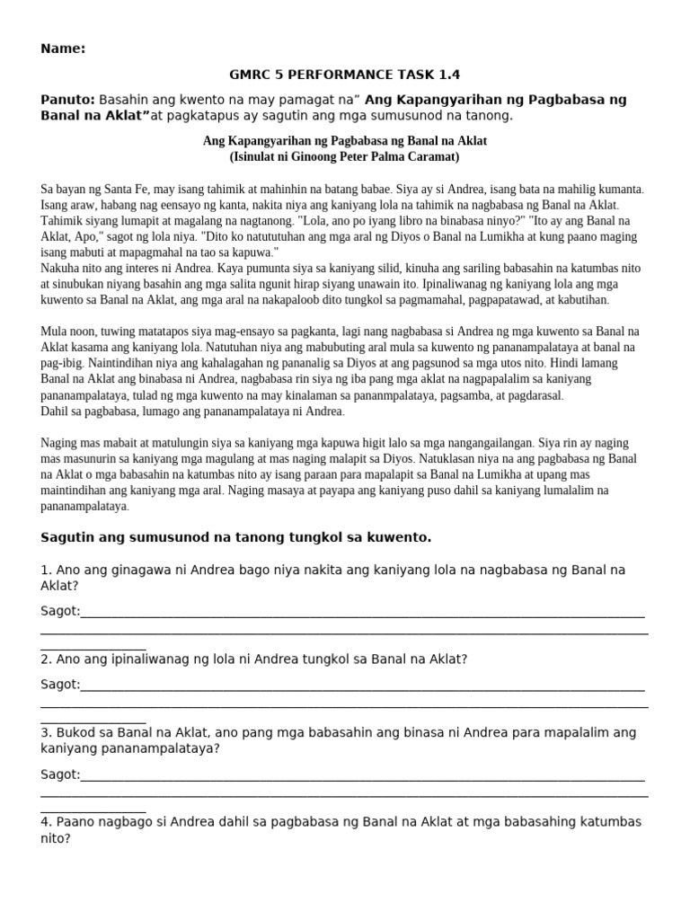 GMRC 5 Performance Task 1.4 | PDF