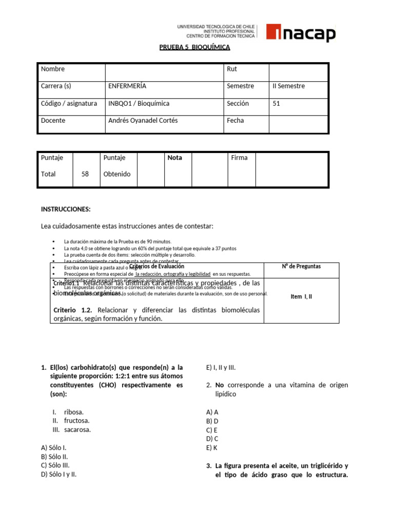 Prueba 5 Biomoleculas Enfermeria Sec51 2014 | PDF | Nucleótidos | Hidrólisis