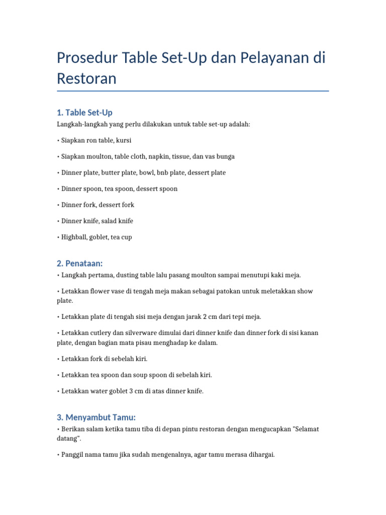 Prosedur Table Setup Dan Pelayanan Di Restoran | PDF