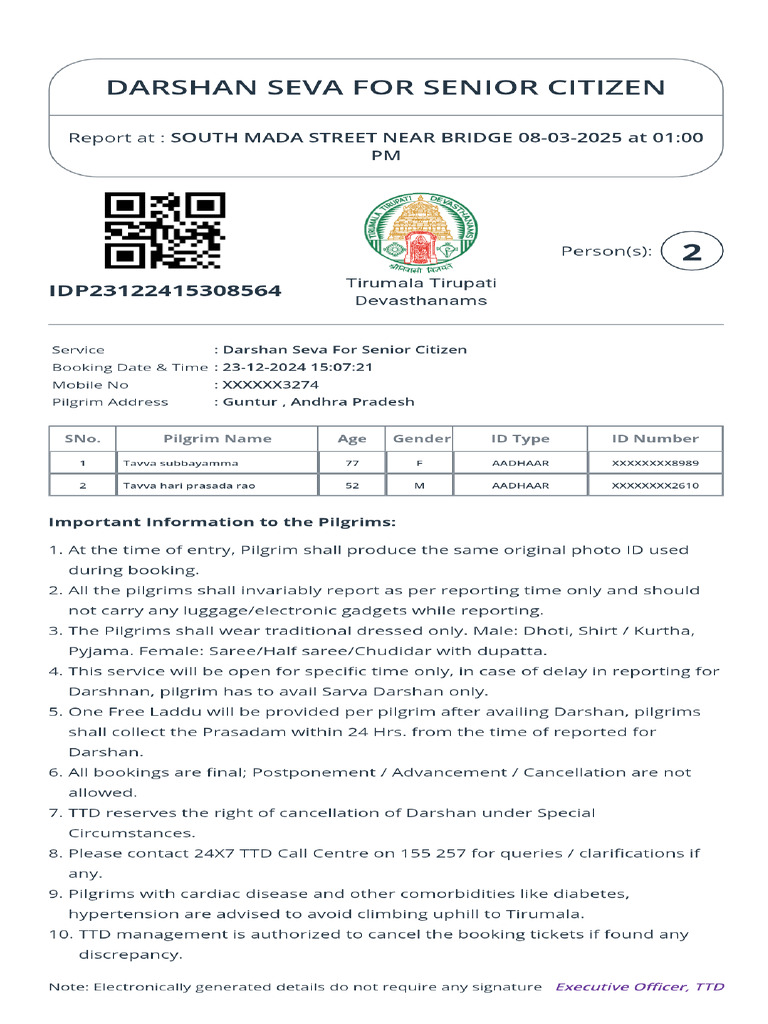 Darshan Seva For Senior Citizen Receipt | PDF