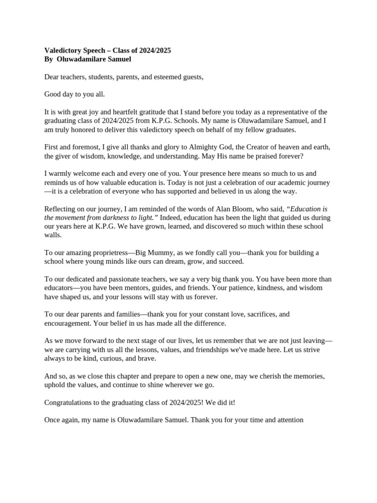 Valedictory Speech for Class of 2024/2025 | PDF
