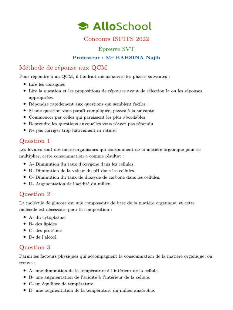 Concours Ispits 2022 Epreuve SVT 4 | PDF