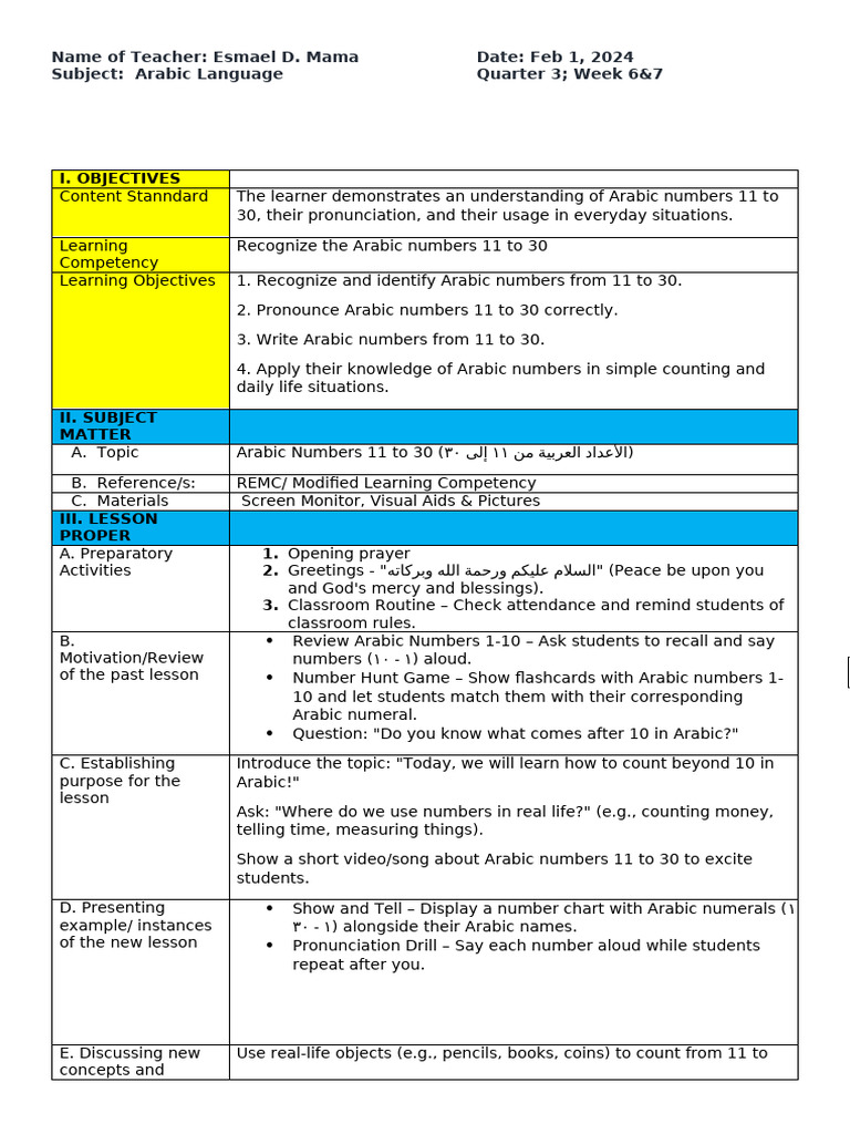 Arabic Numbers 11-30 Lesson Plan | PDF | Arabic | Learning