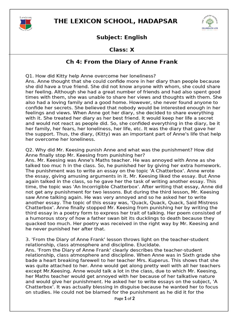 Class X - English - CH 4 From The Diary of Anne Frank | PDF