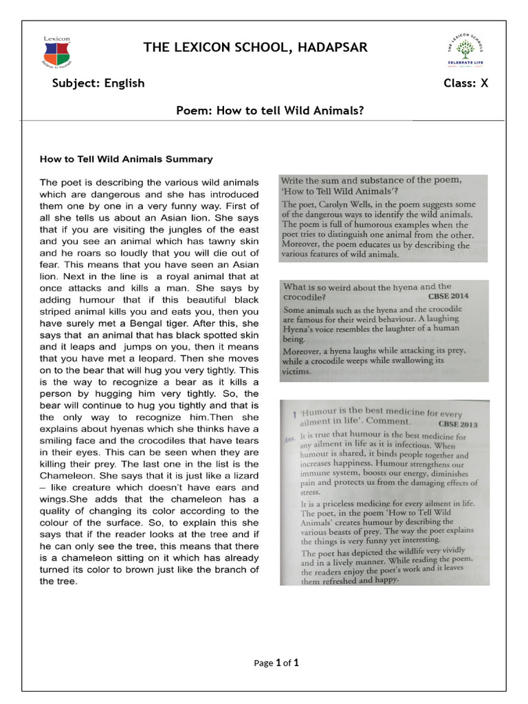 Class X - English - Poem - How To Tell Wild Animals | PDF