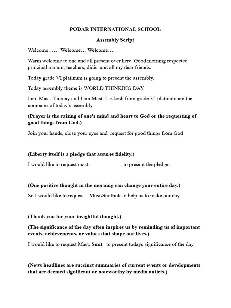 World Thinking Day Assembly Script | PDF