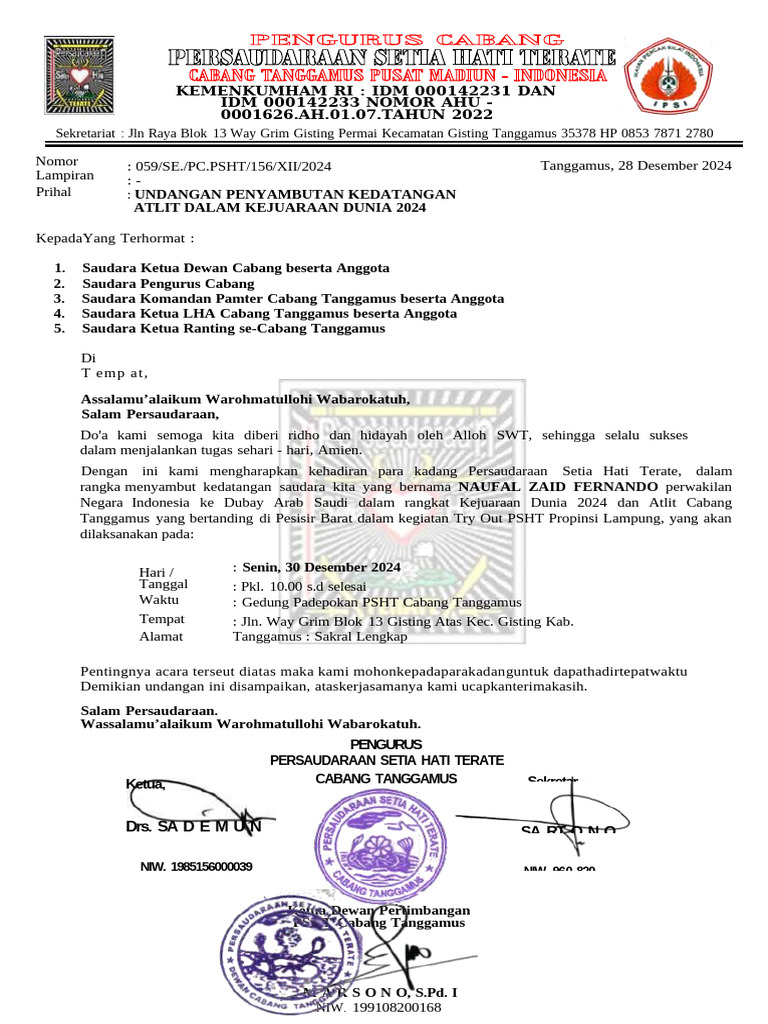 Surat Undangan Pengurus PSHT | PDF
