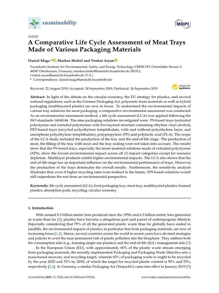 A Comparative Life Cycle Assessment of Meat Trays Made of Various Packaging Materials | PDF ...